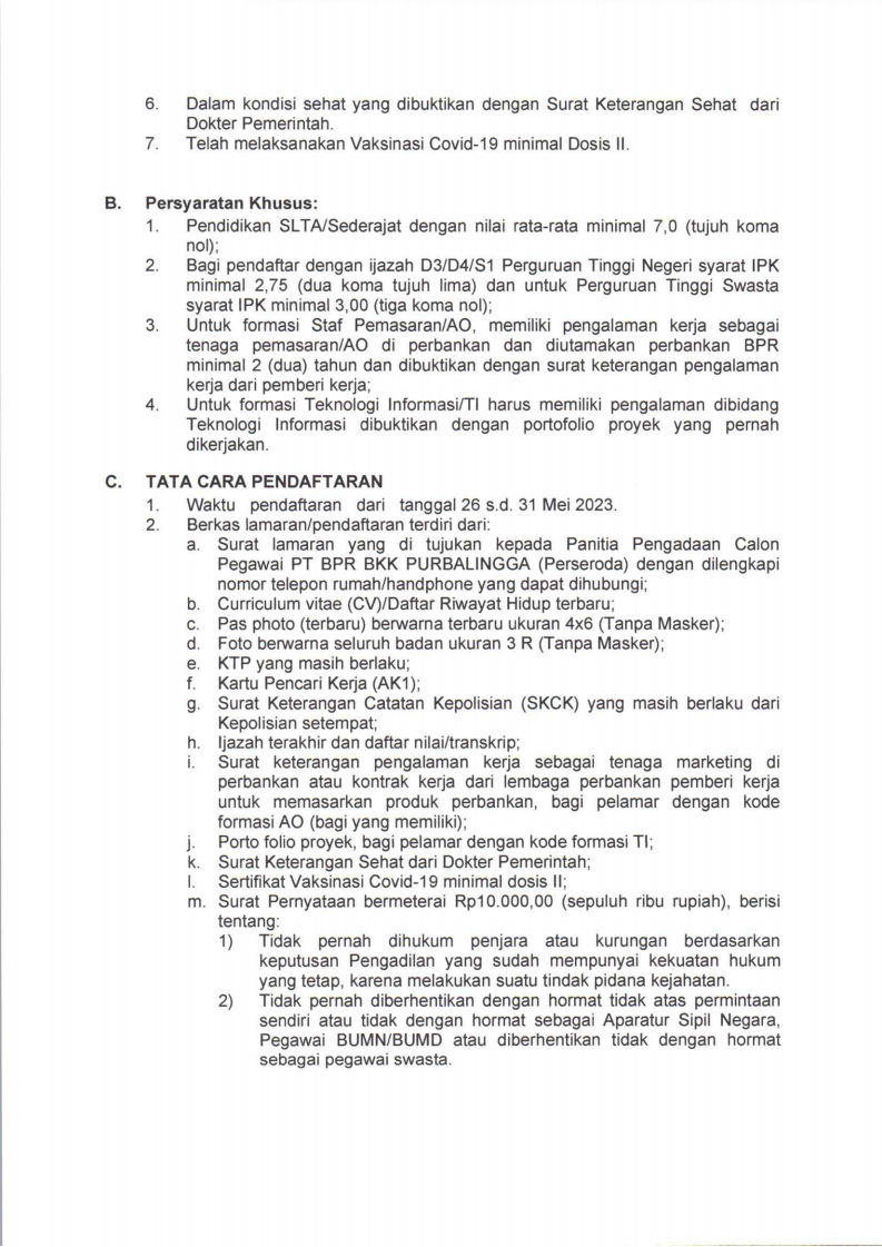 Pengadaan Calon Pegawai PT BPR BKK PURBALINGGA TAHUN 2023